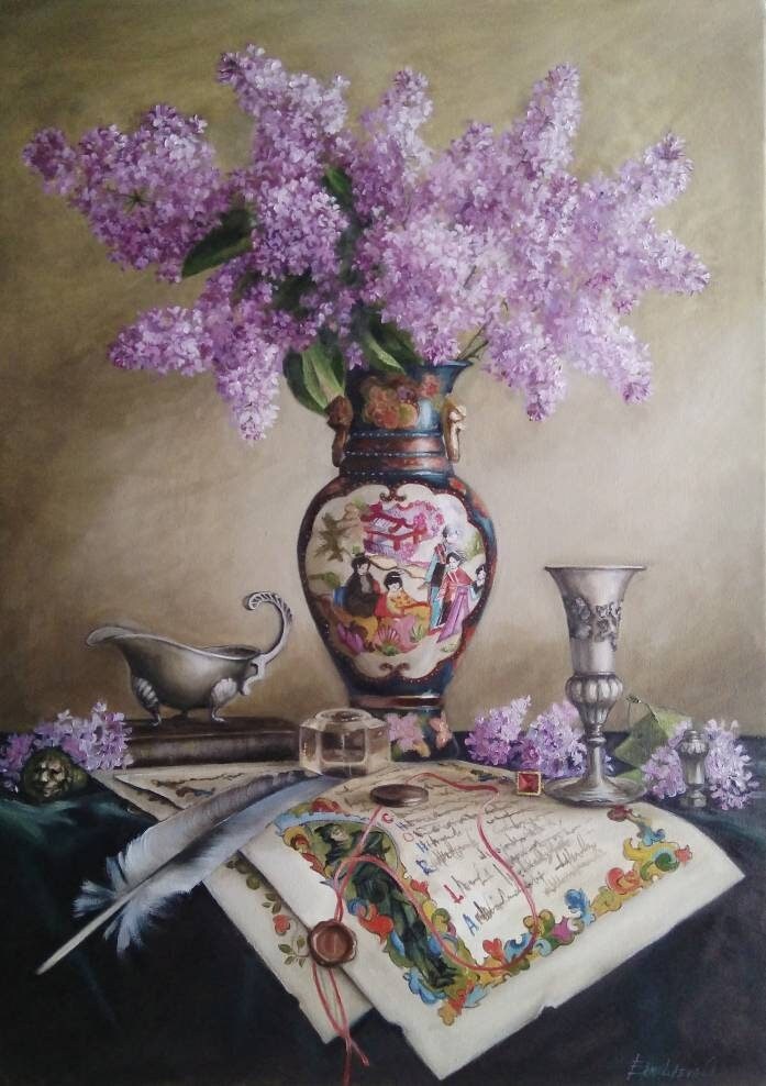 Still Life With Lilacs in Vase Oil Painting Flowers Home Wall Decor 19. ...