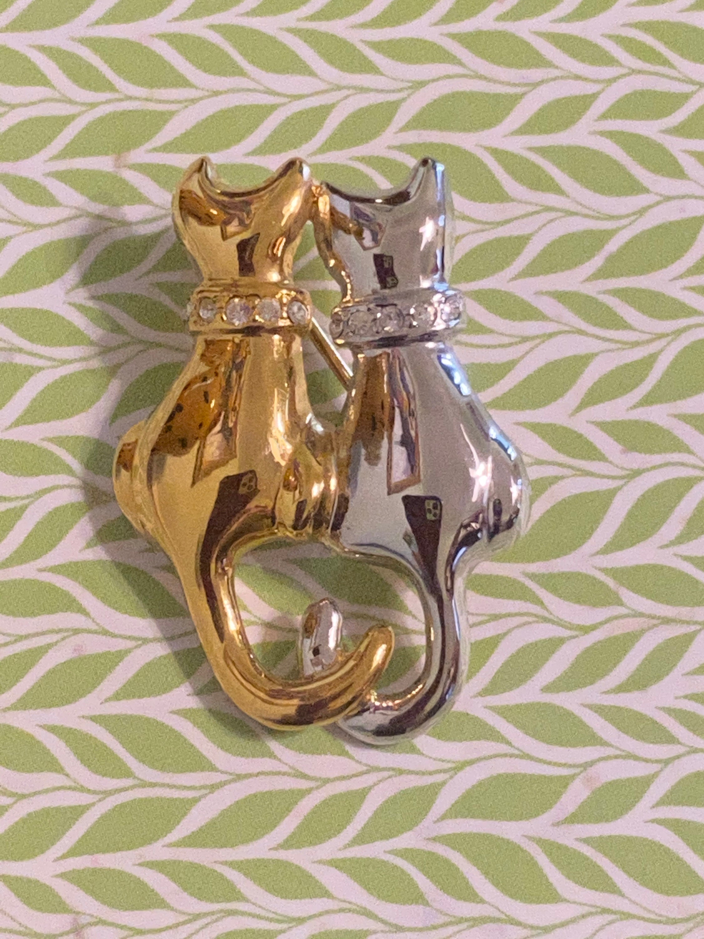 Cat Brooch Two Sitting Cats in Love Brooch With Rhinestone Collars ...