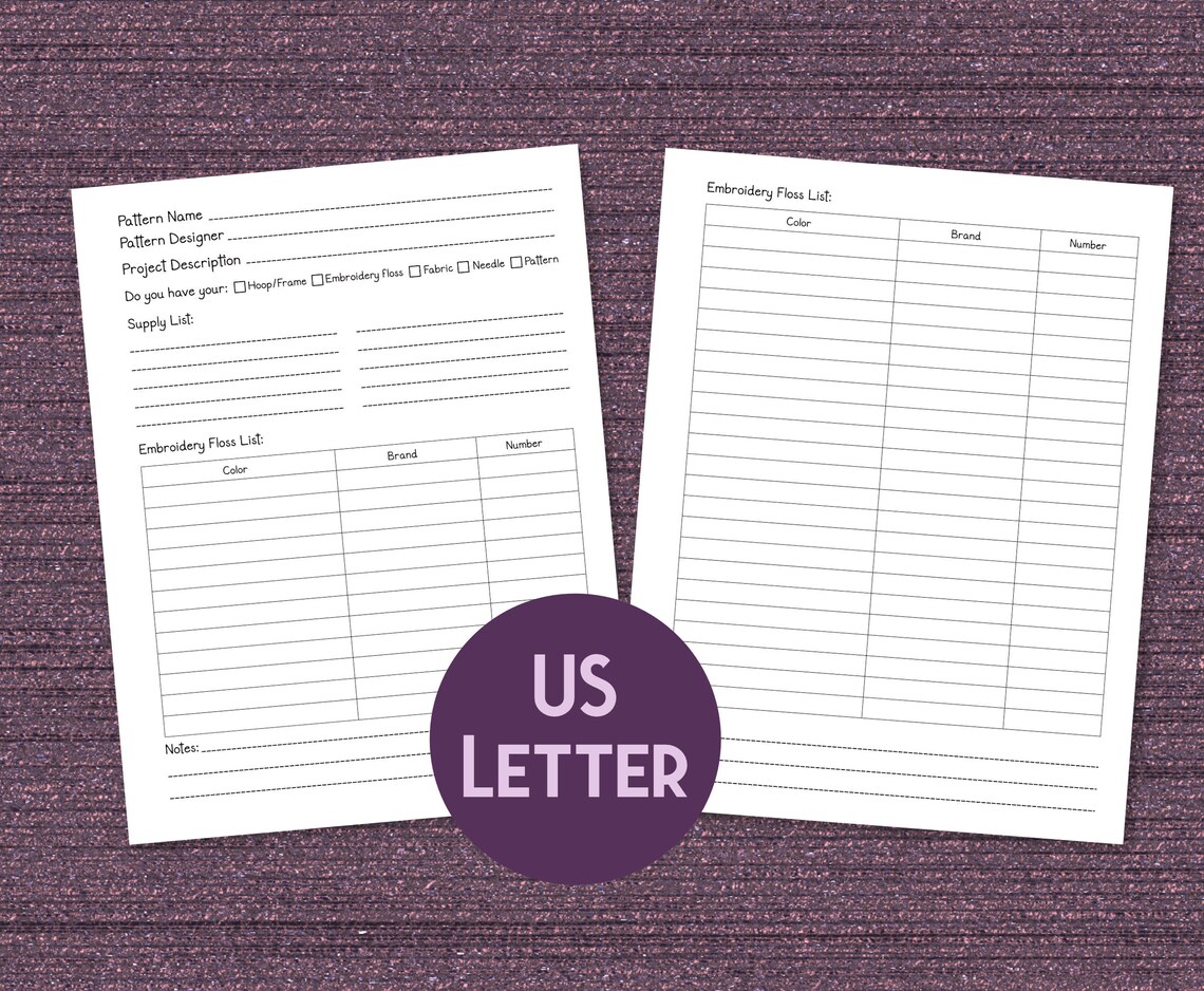 Printable Hand Embroidery Project Planner Pages in US Letter and A4 ...