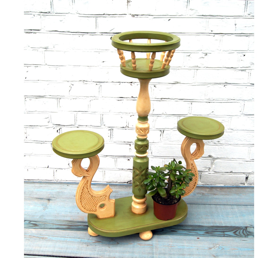 Large wood plant stand for 3 pots 2 Tier pedestal stand for | Etsy
