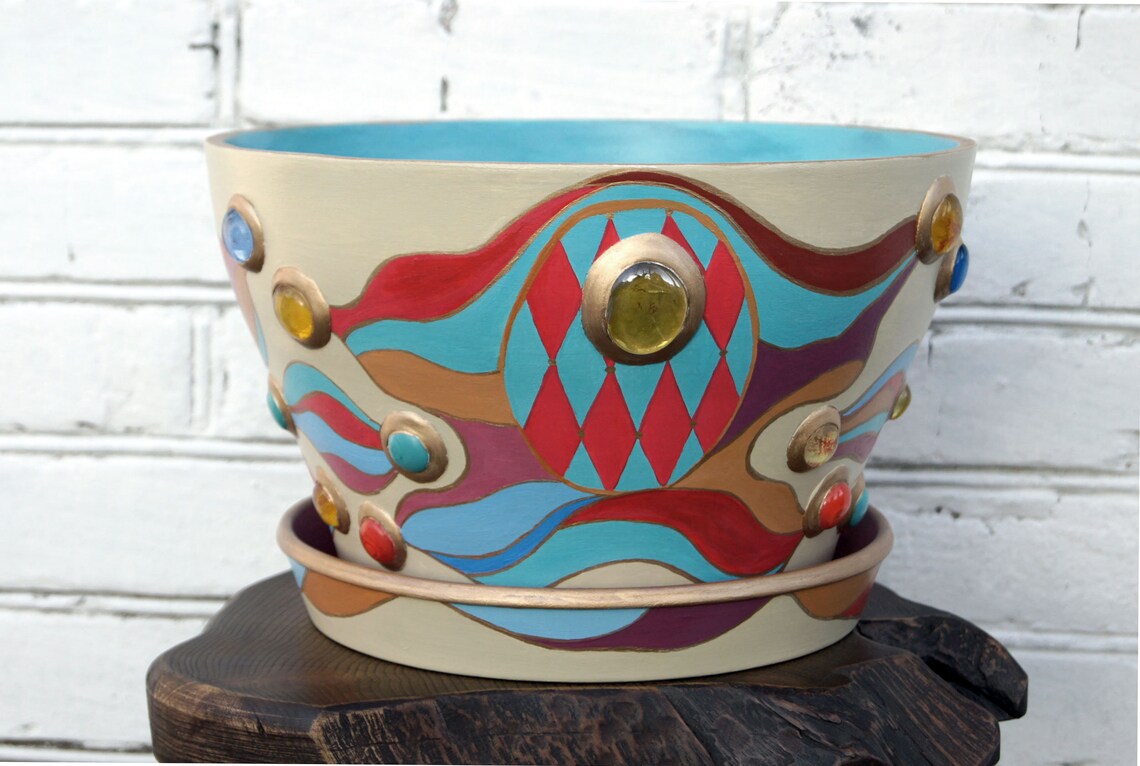 Large hand painted ceramic plant pot indoor Bright ornament | Etsy