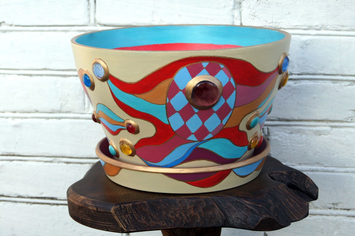 Large hand painted ceramic plant pot indoor Bright ornament | Etsy