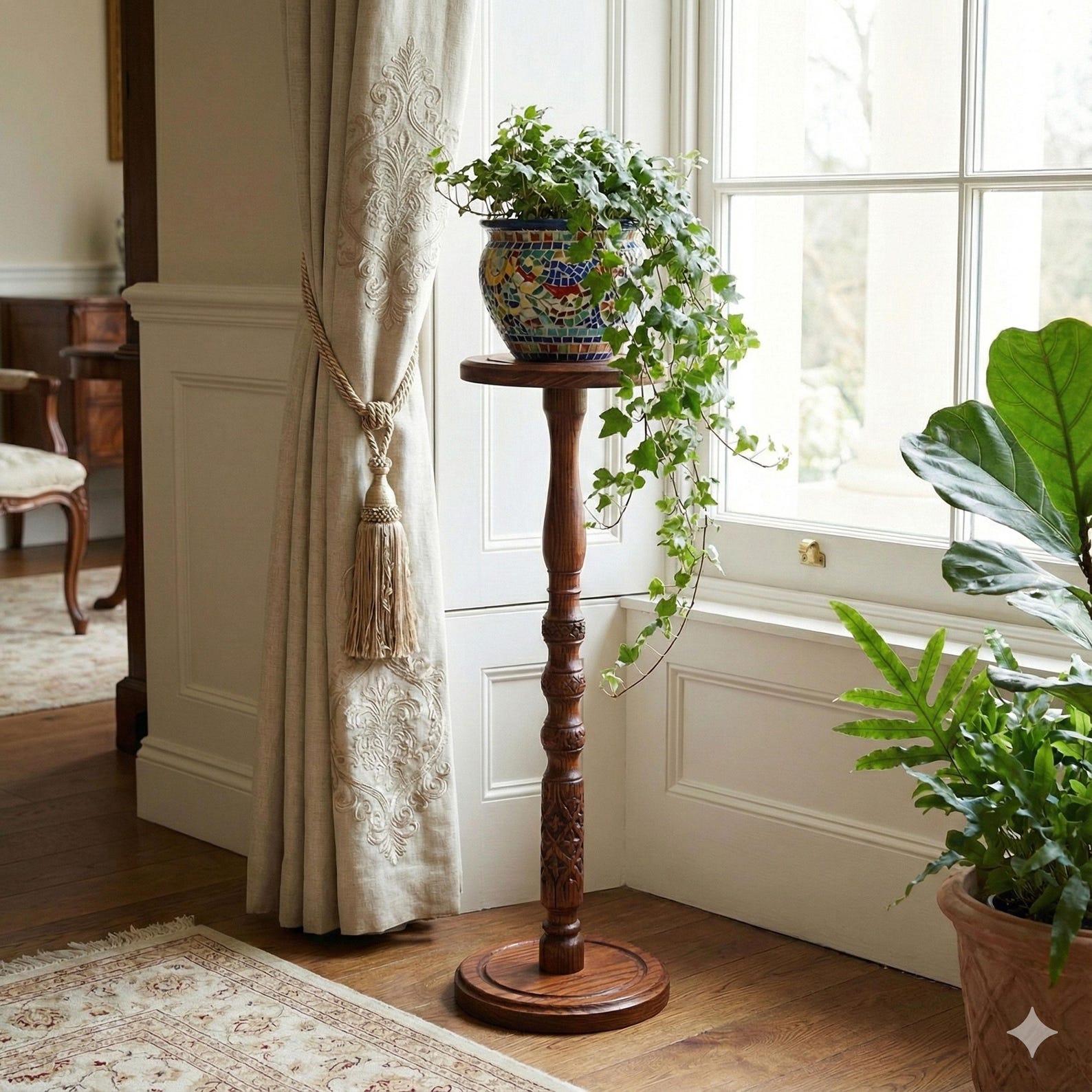 Tall Carved Wood Plant Stand; 36" Mid Century Modern Flower Pot Holder ...