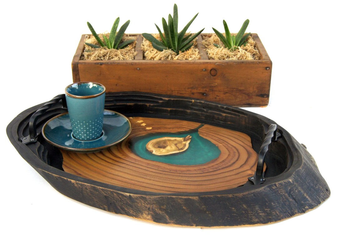 Wooden Breakfast Tray With Metal Handles Live Edge Wood Slab Serving ...