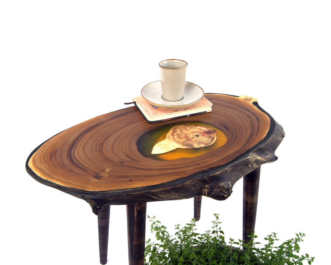 Small Live Edge Wood Slab Coffee Table W Yellow Epoxy Resin ...