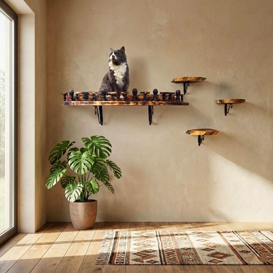 Large Cat Wall Mounted Bed & Steps; Live Edge Wood Sleeping Place ...