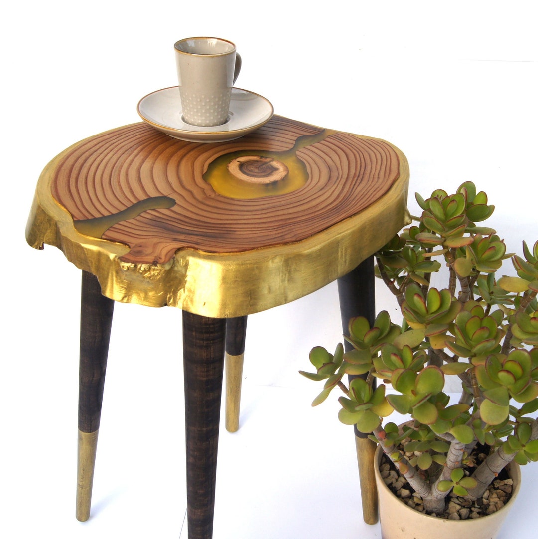 Small Epoxy Resin & Wood Slab Coffee Side Table With Golden Live Edge ...