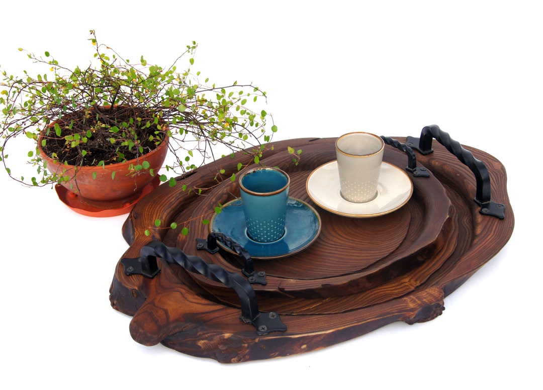 Set of 2 Large Nesting Wooden Serving Trays With Metal Handles Live ...