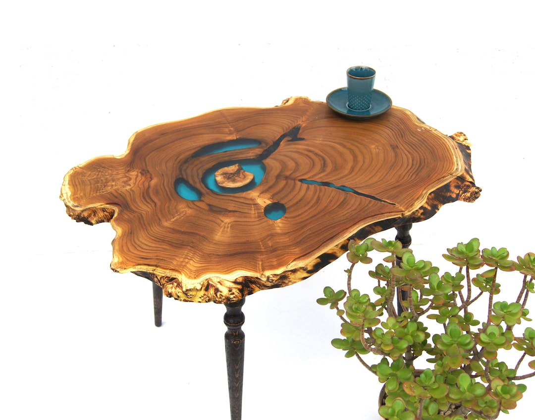 Large Live Edge Wood Slab Coffee Side Table Wth Blue Epoxy Resin Accent ...