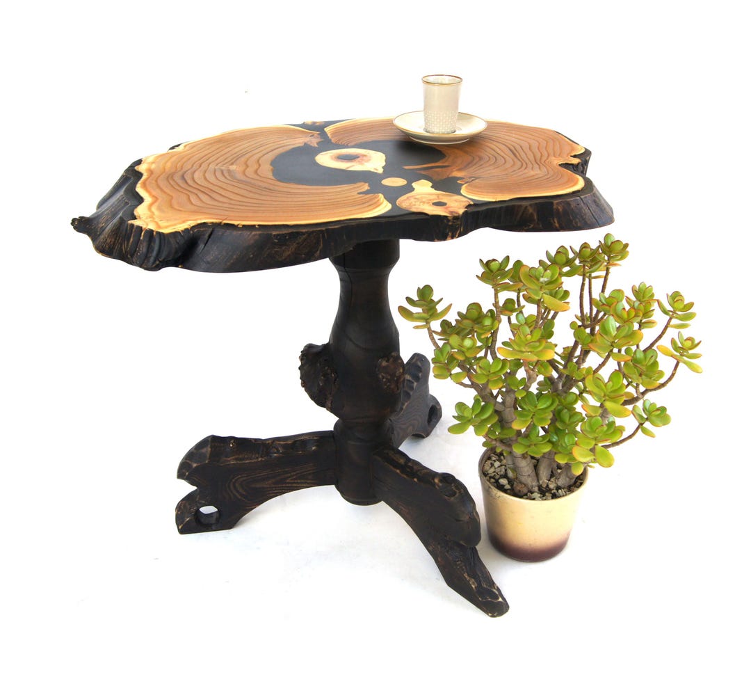 Large Live Edge Wood Slab Coffee Side Table Unusual Pedestal Leg, Tall ...