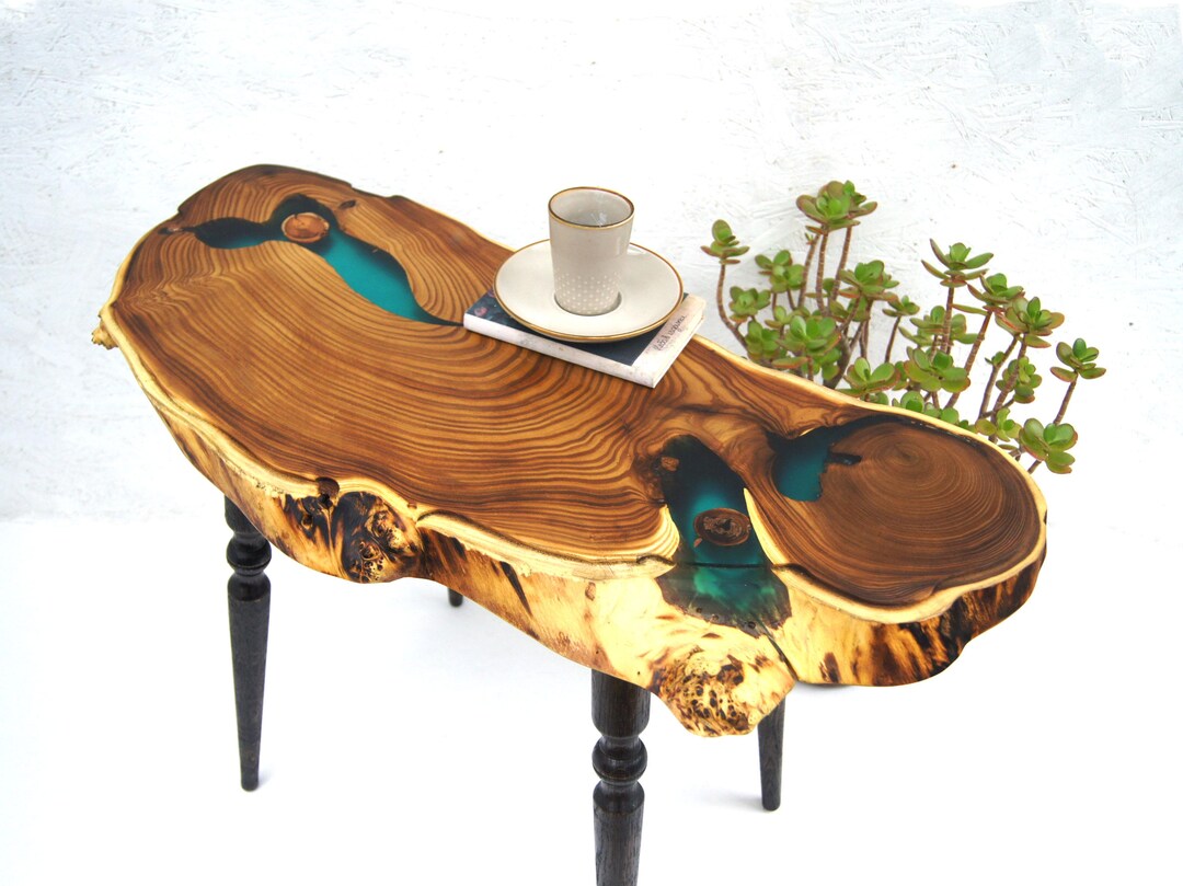 Live Edge Wood Slab Coffee Side Table With Turquoise Epoxy Resin, Wild ...