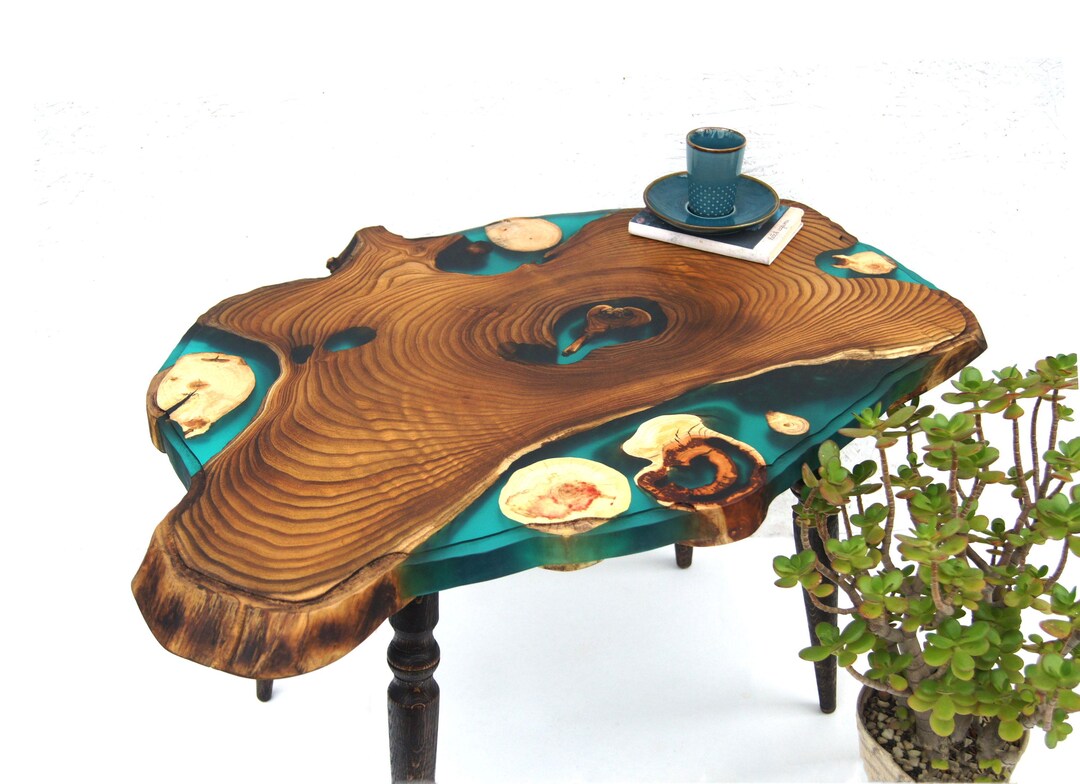 Large Live Edge Wood Slab Coffee Side Table Turquoise Epoxy Resin ...
