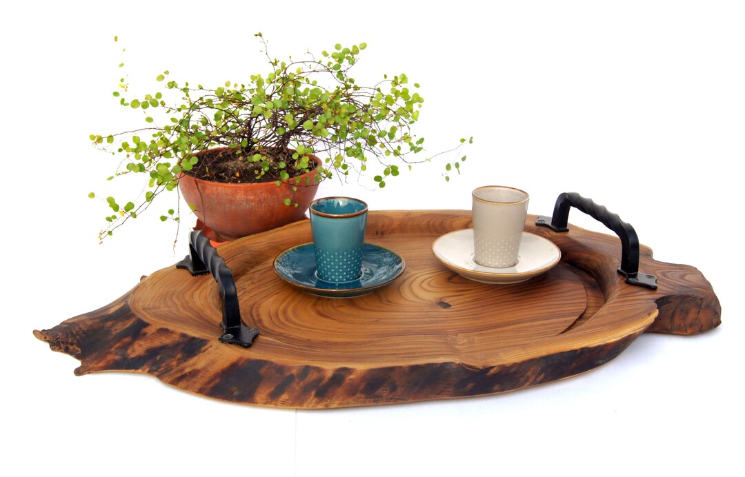 Large Wooden Serving Tray W Metal Handles Live Edge Wood Slab Breakfast ...