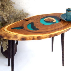 Live Edge Wood Slab Coffee Table Personalized Turquoise Epoxy Resin ...