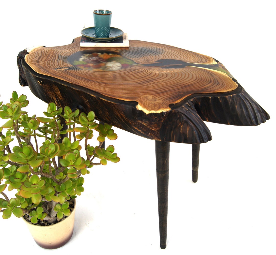 Solid Live Edge Wild Olive Wood Slab Coffee Side Table Wth Epoxy Resin ...