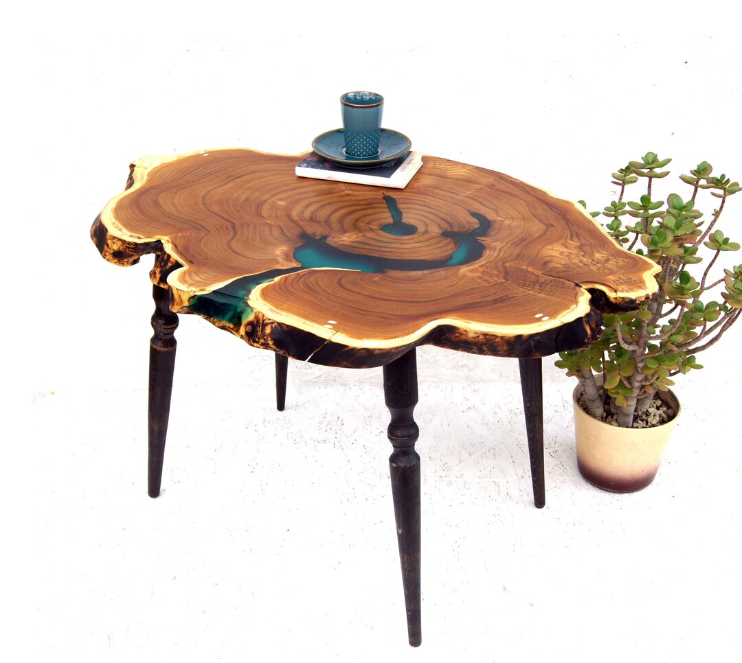 Large Live Edge Wood Slab Coffee Side Table Turquoise Epoxy Resin ...