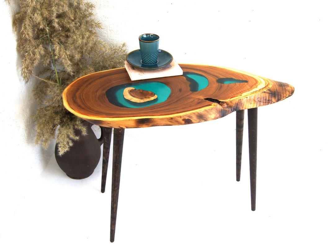 Live Edge Wood Slab Coffee Table Personalized Turquoise Epoxy Resin ...