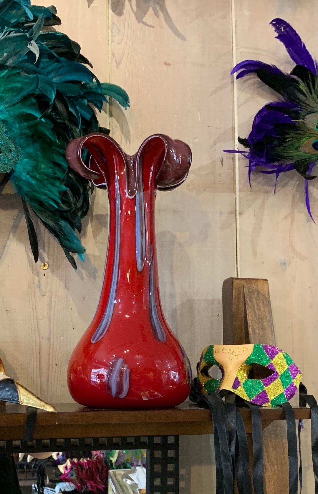 Red Handmade Hand Blown Glass Vase With Blue. Tall. Venetian Style ...