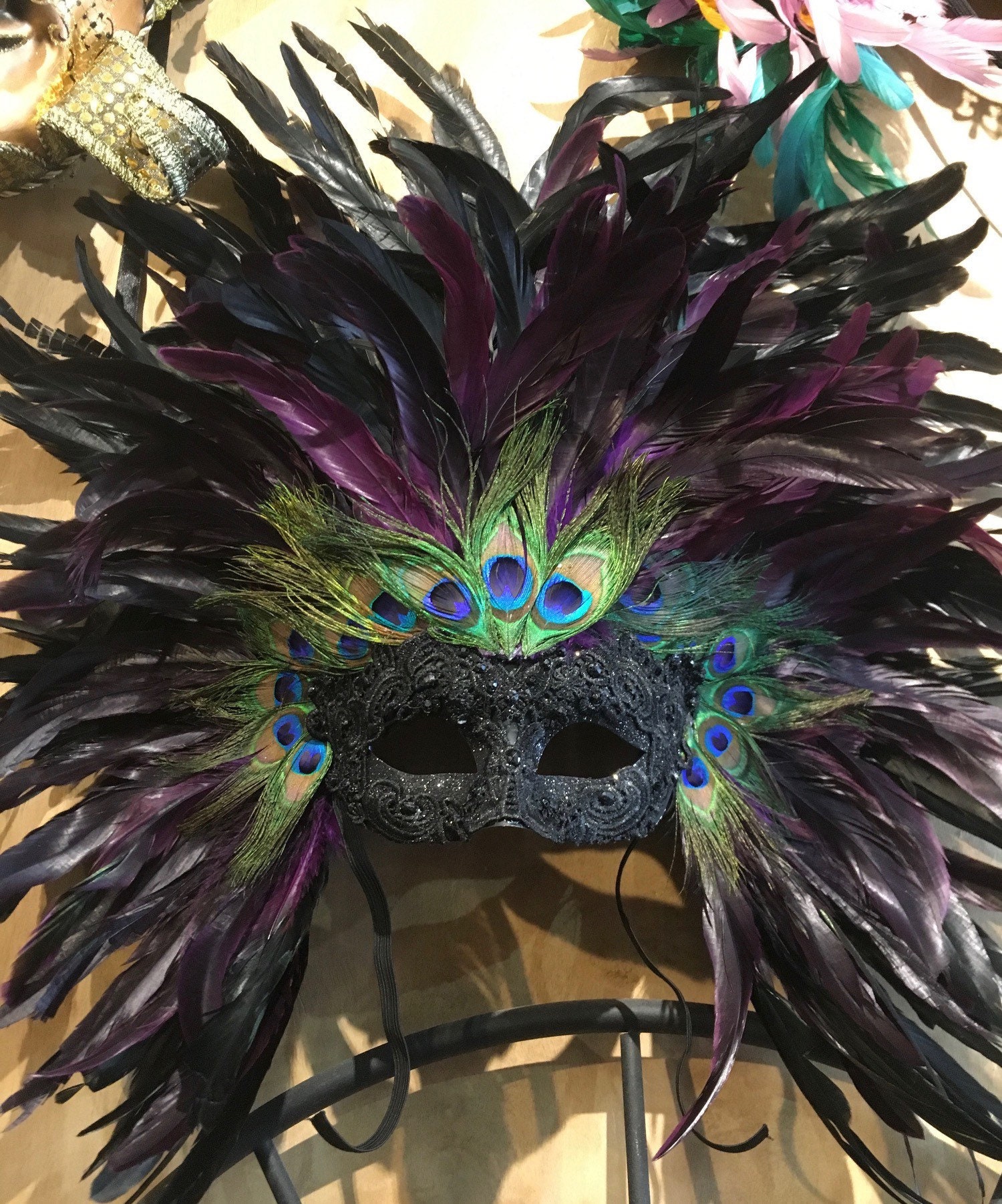 Handmade Feather Half Mask New Orleans Mardi Gras Black Purple Etsy