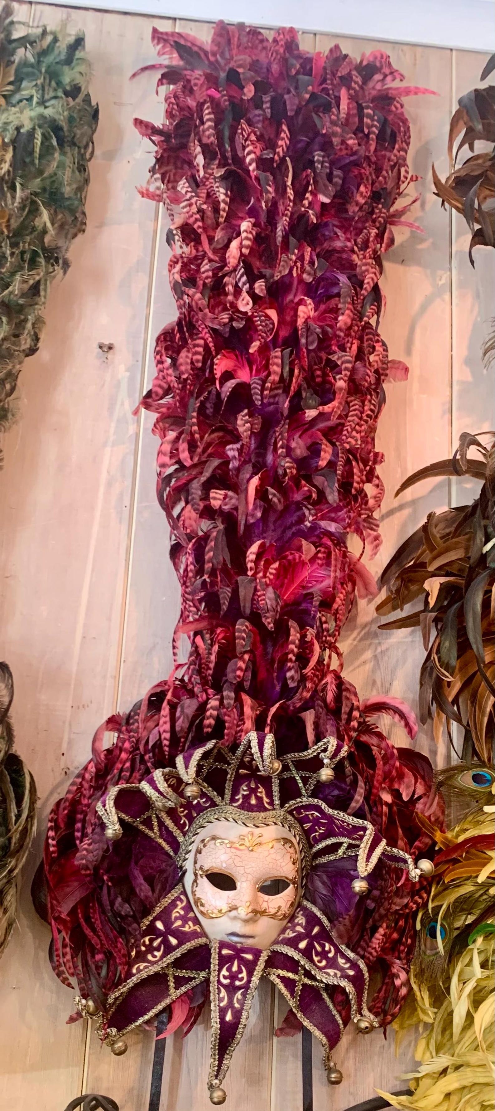 Tall Pink Burgundy Mardi Gras Mask Handmade Feathered Headdress Artist ...