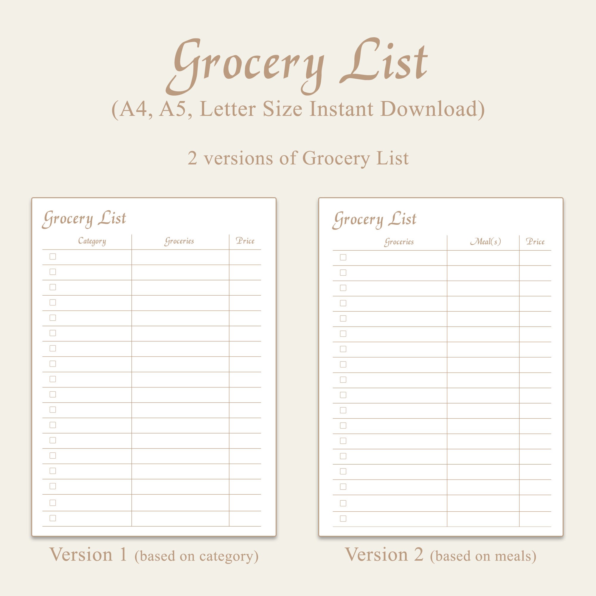Basic Meal Plan and Grocery List Printable Minimalist Shopping List PDF ...