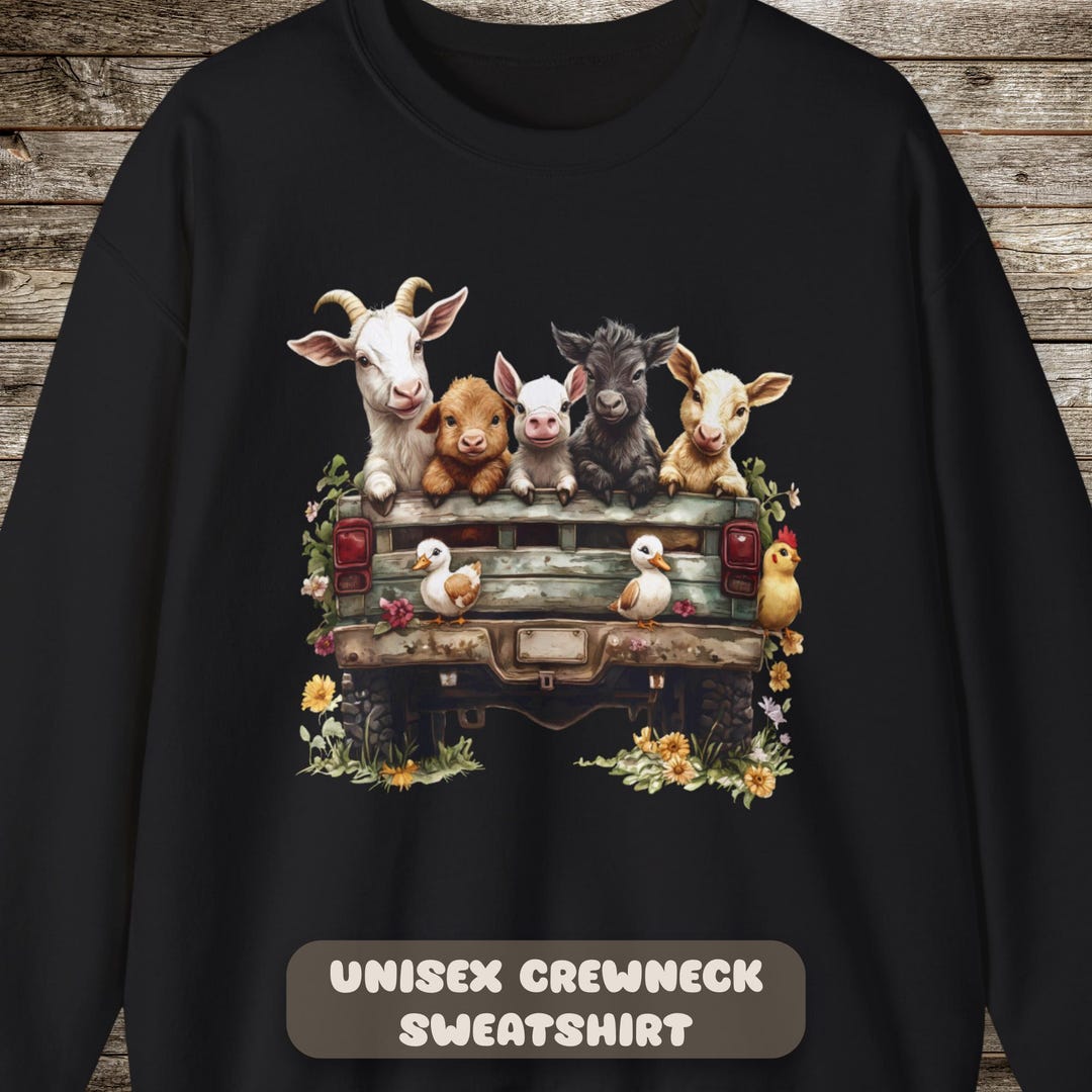 Farm Animals Pickup Truck Sweatshirt, Country Farmhouse Crewneck Jumper ...