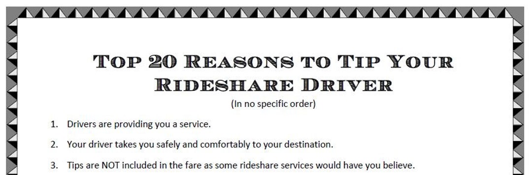 Top 20 Reasons to Tip Your Rideshare Driver Sign for Print Digital ...