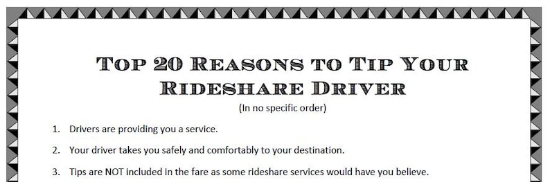 Top 20 Reasons to Tip Your Rideshare Driver Sign for Print Digital ...