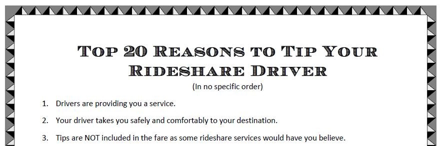 Top 20 Reasons to Tip Your Rideshare Driver Sign for Print Digital ...