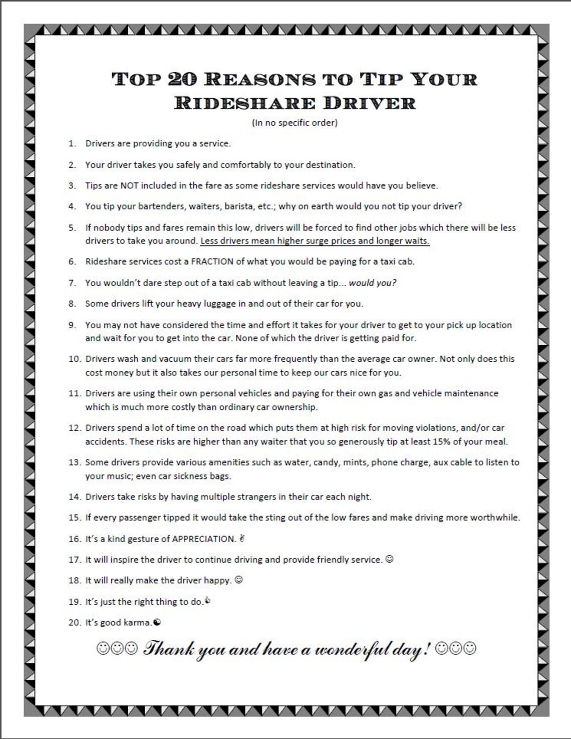 Top 20 Reasons to Tip Your Rideshare Driver Sign for Print Digital ...