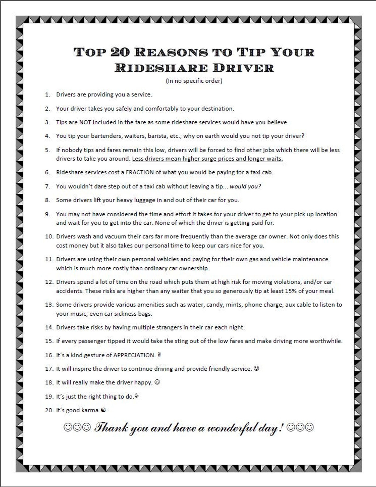Top 20 Reasons to Tip Your Rideshare Driver Sign for Print Digital ...