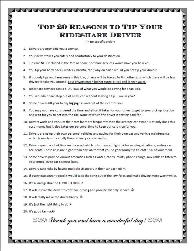 Top 20 Reasons to Tip Your Rideshare Driver Sign for Print Digital ...
