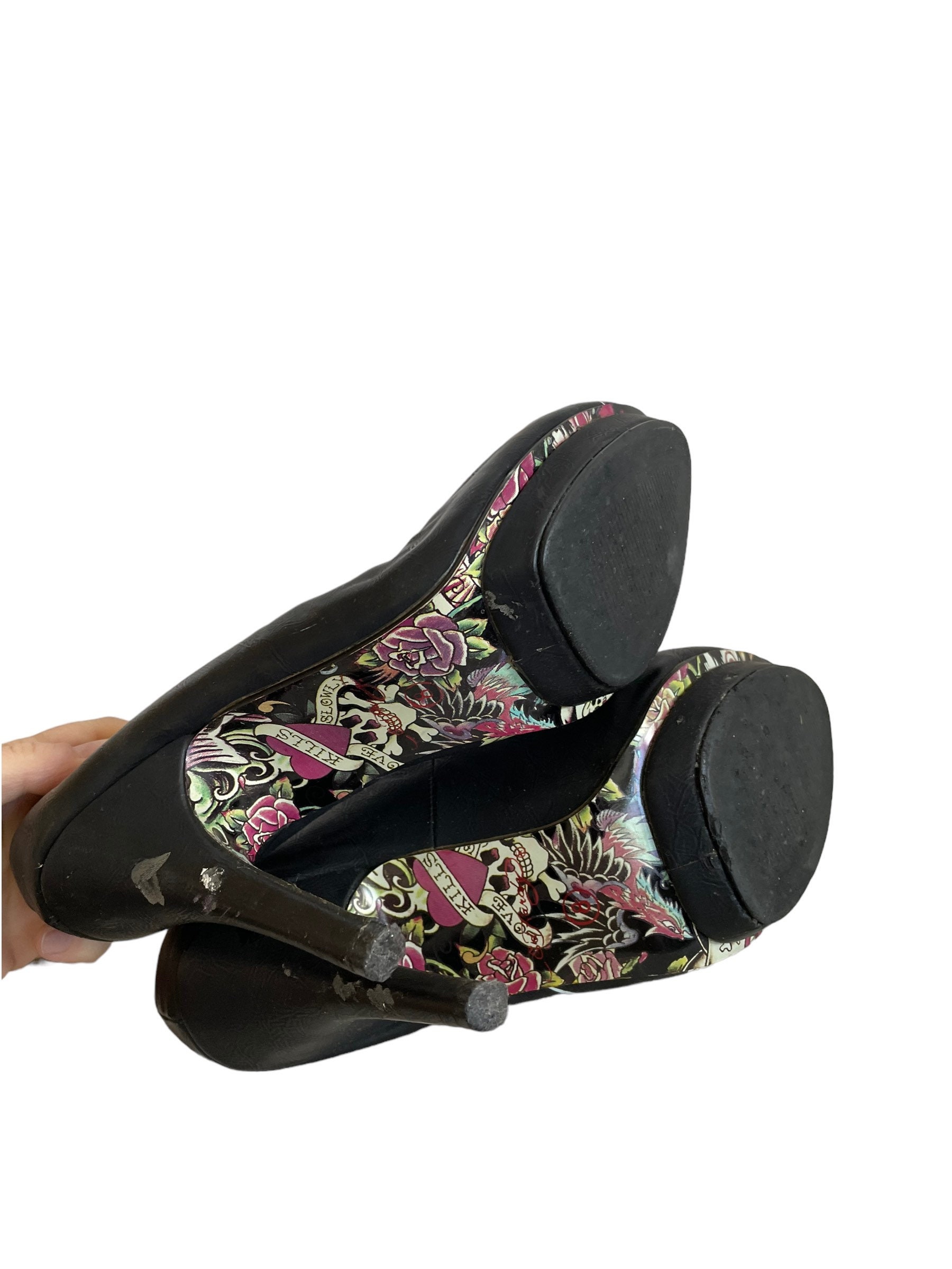 2000s Ed Hardy Black Leather Heels Size 37. 1/3 US 7 UK 5 Extravagant ...
