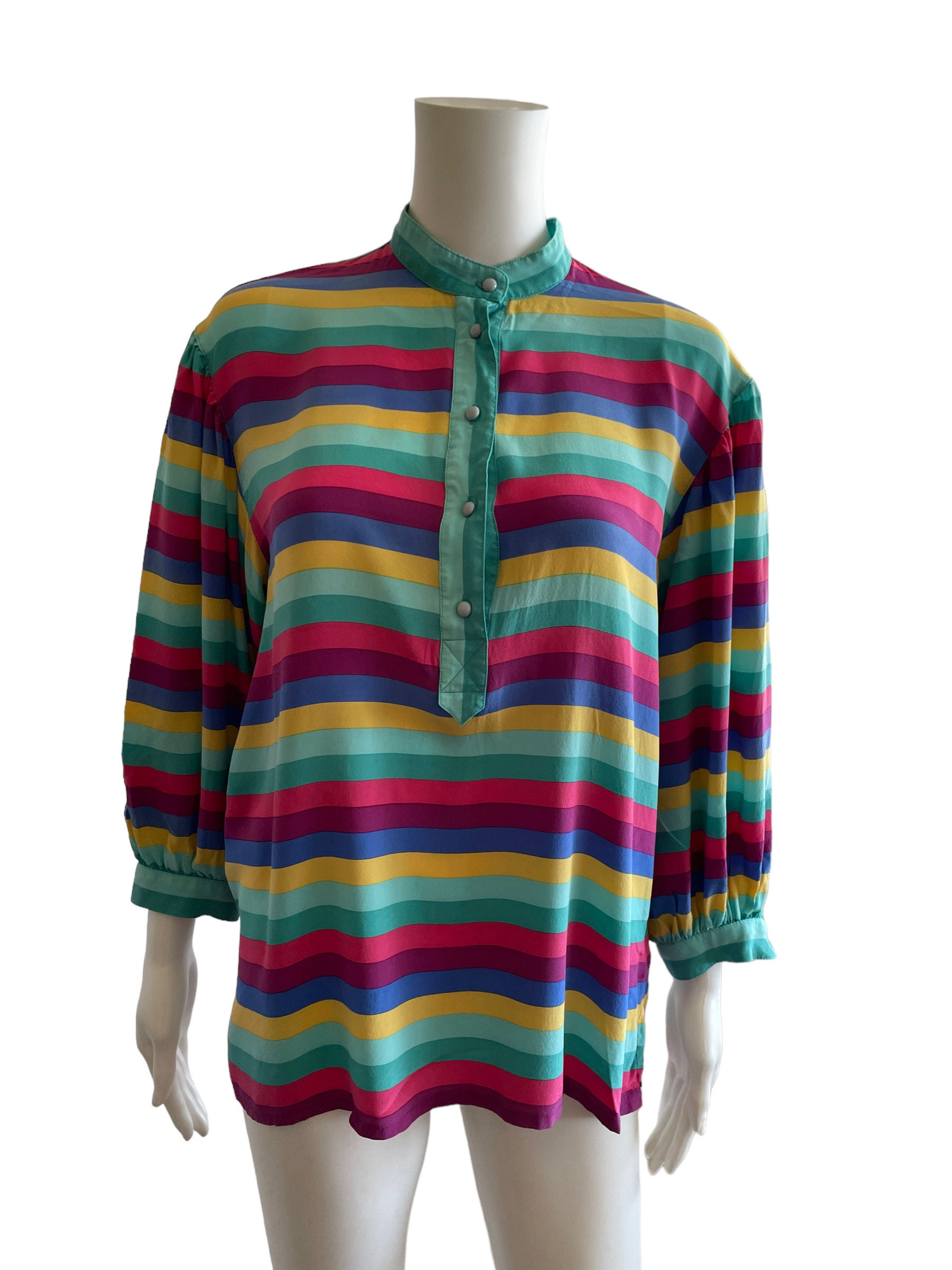 Rare 90s ESCADA Rainbow Colors Pure Silk Bracelet Sleeves Shirt Size 40 ...