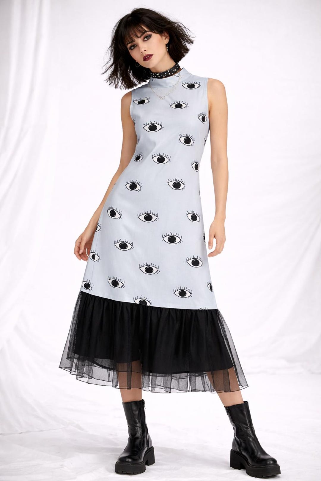 Y2K Eye Print Dress, White & Black Tulle Midi Dress, Sleeveless ...