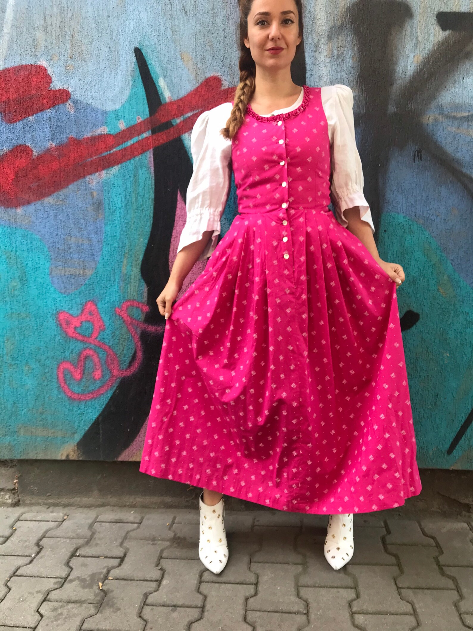 Vintage Maxi Dirndl Dress, Extra Small , Hot Pink , Octoberfest ...