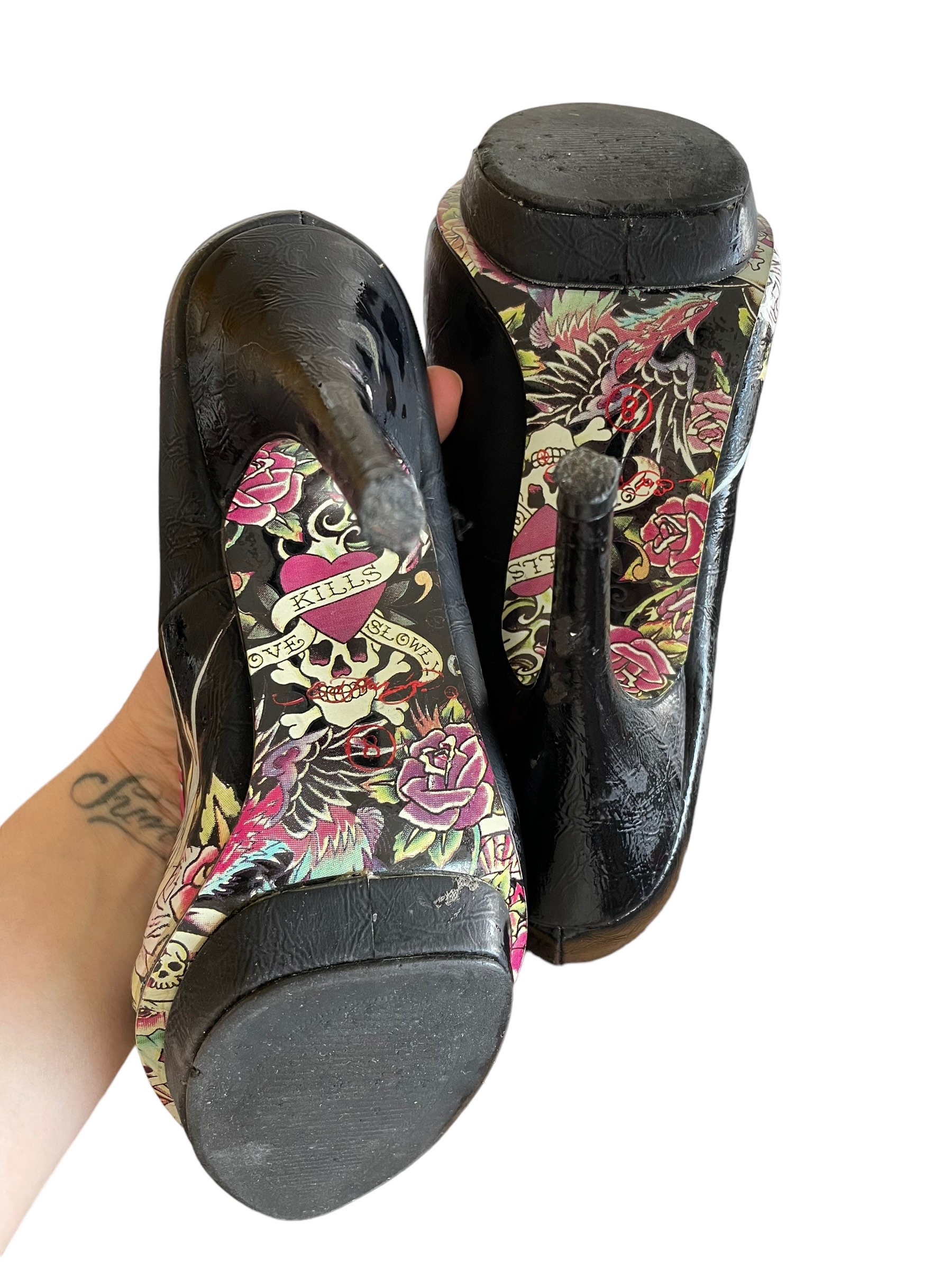 2000s Ed Hardy Black Leather Heels Size 37. 1/3 US 7 UK 5 Extravagant ...