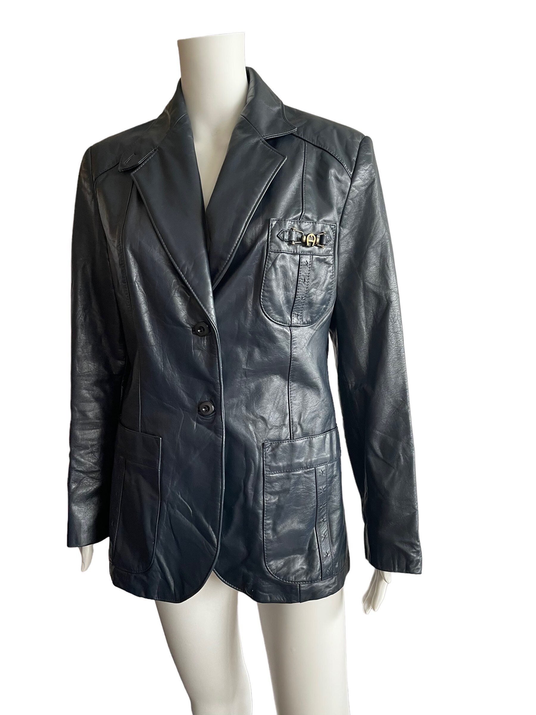 VTG 1970 Etienne Aigner Blue Genuine Leather Two Button Jacket Blazer ...