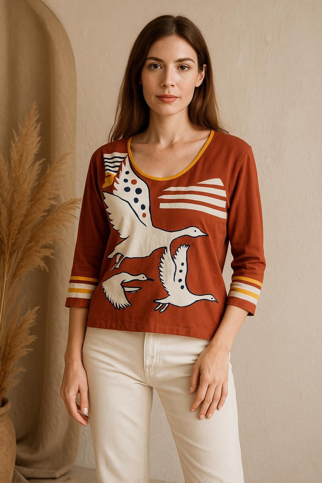 Birds Print Blouse Boho Chic Style S Cotton Lightweight Knitwear Boho ...
