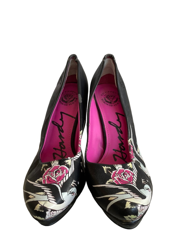 2000s Ed Hardy Black Leather Heels Size 37. 1/3 US 7 UK 5 Extravagant ...