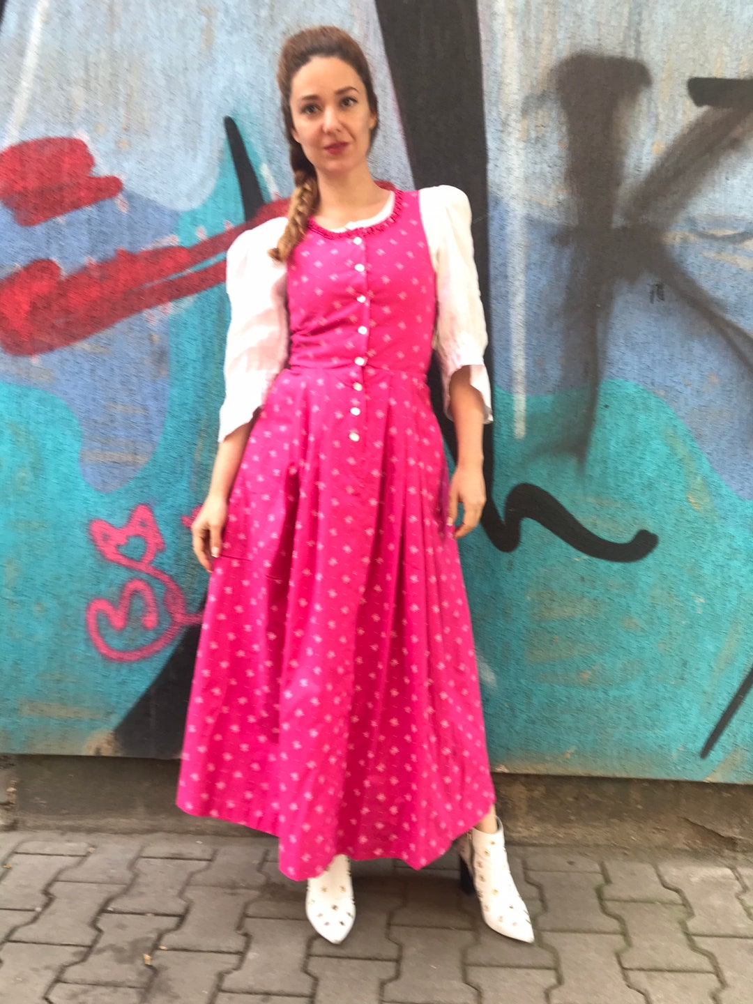 Vintage Maxi Dirndl Dress, Extra Small , Hot Pink , Octoberfest ...