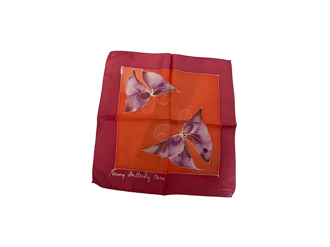 Late 1980s–1990s Penang Butterfly Farm Silk Fichu, Pure Silk Scarf 100 ...