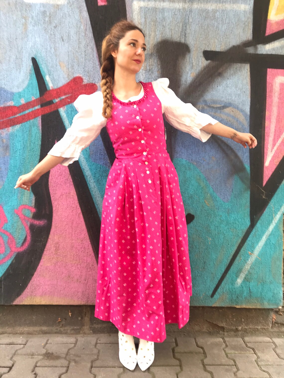 Vintage Maxi Dirndl Dress, Extra Small , Hot Pink , Octoberfest ...
