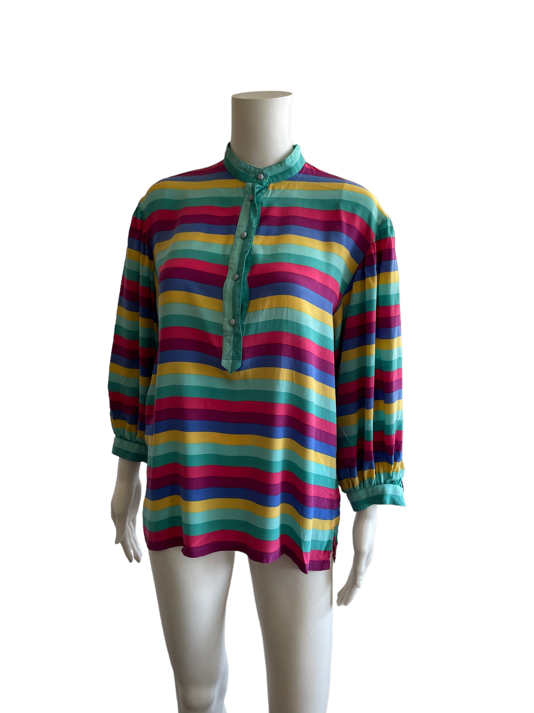 Rare 90s ESCADA Rainbow Colors Pure Silk Bracelet Sleeves Shirt Size 40 ...