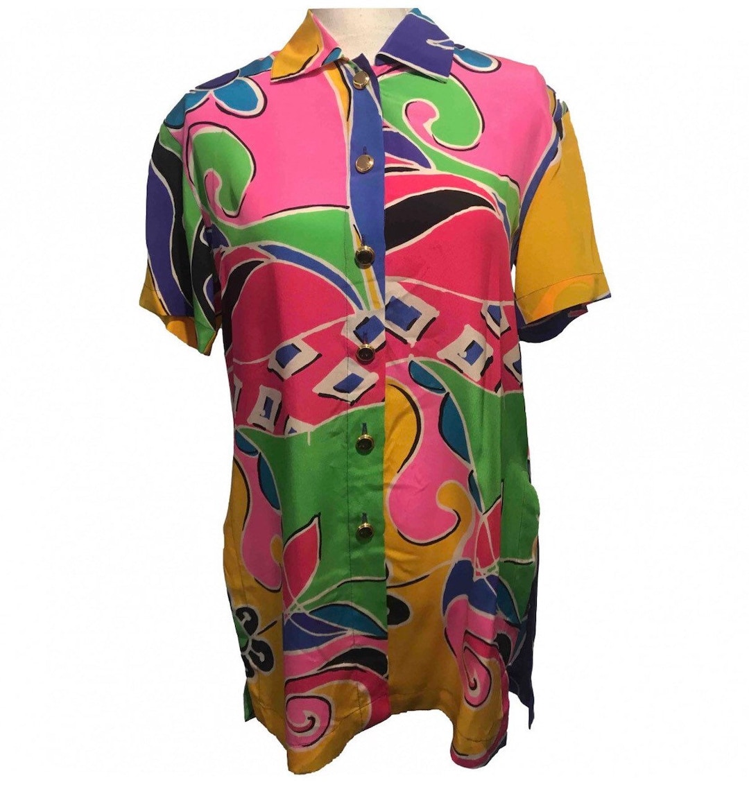 ESCADA Silk Shirt Vintage Escada 80s RARE Shirt Multicolor Top Abstract ...