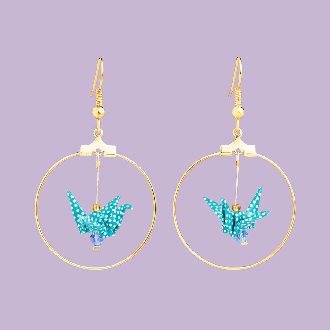 Origami Hoop Earrings, Turquoise Cranes, Golden Hoops, Svarovski Pearl ...