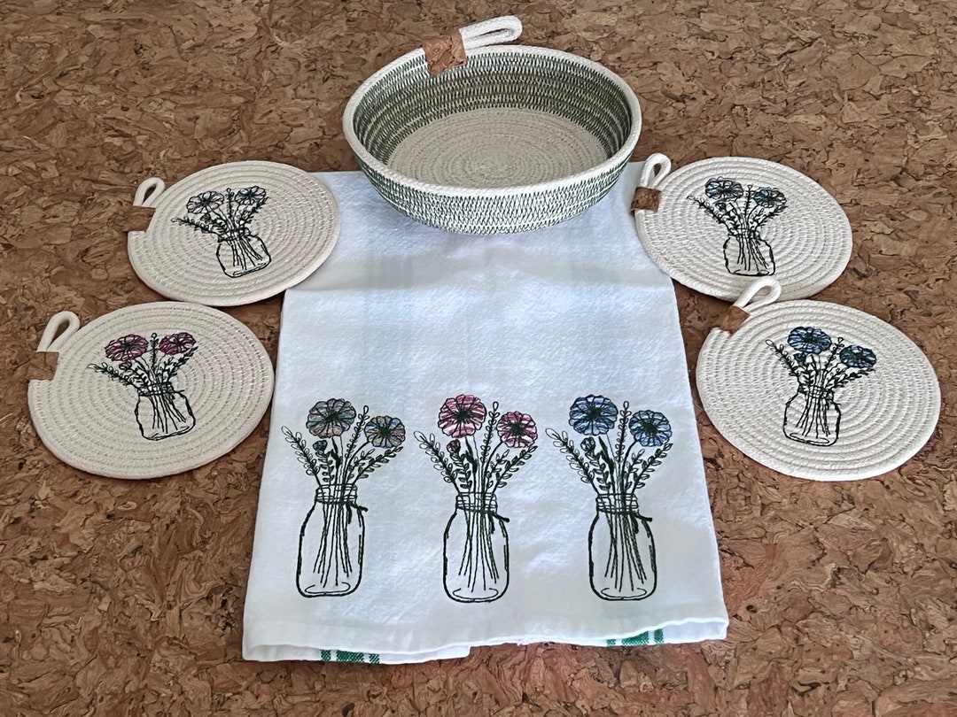 Embroidered Rope Coasters, Embroidered Flower Rope Coasters & Towel Set ...