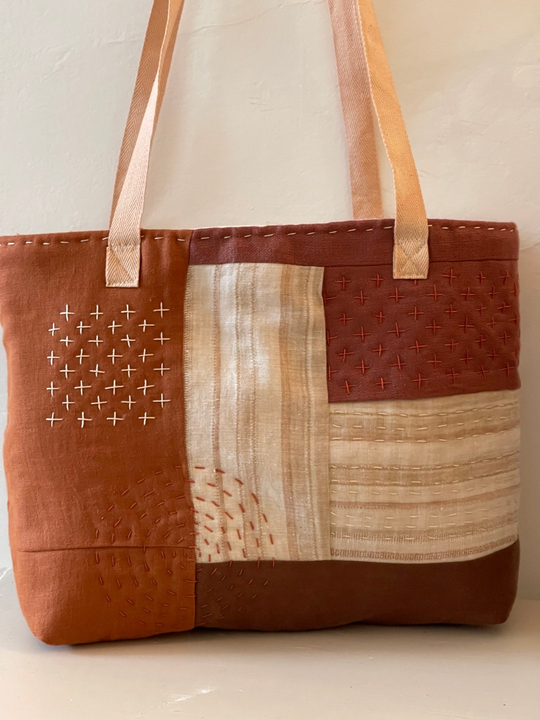 Handmade Linen Shoulder Bag With Sashiko Stitching Linen Lining. - Etsy