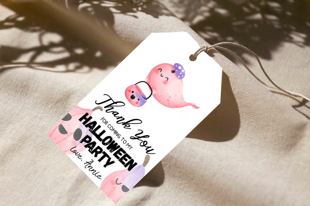 Editable Pink Halloween Party Watercolor Witch Pumpkin Ghost Favor Tags ...