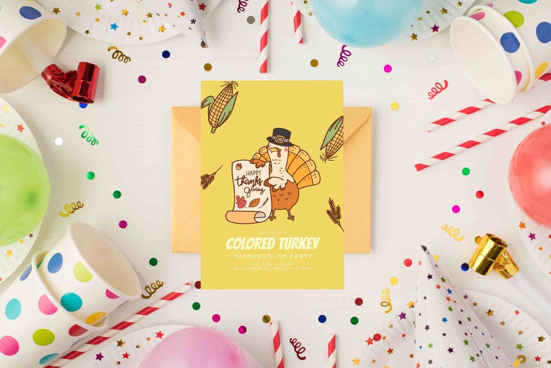 Editable Colored Turkey Invitation Card Custom Personalized Digital ...